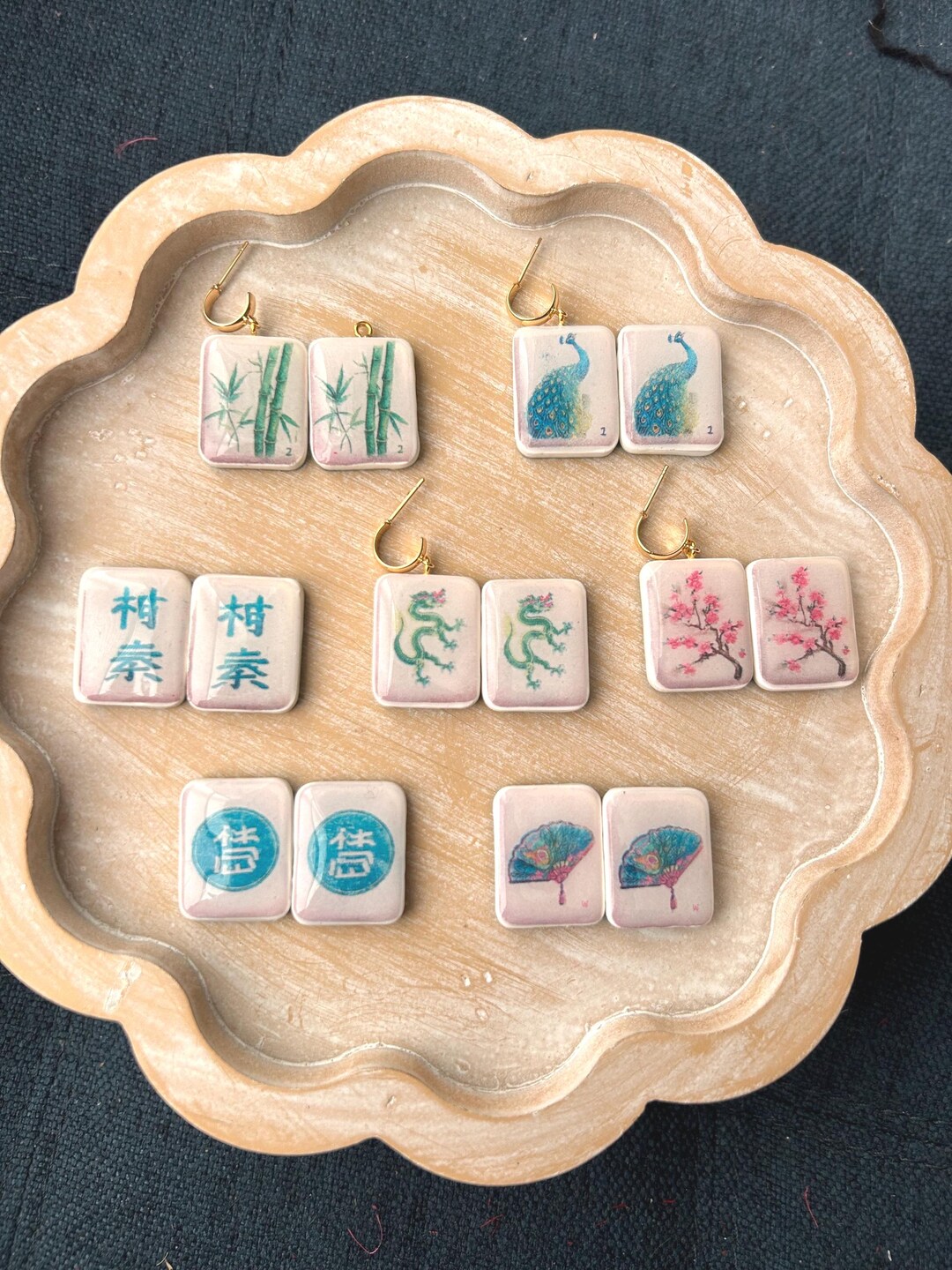 Mahjong Tile Dangle Earrings, Gold Plated Stainless Steel, Game Jewelry ...