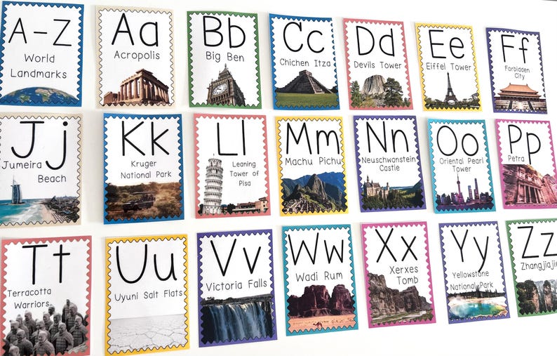 World Landmark Alphabet Flashcards Printable A-Z, Homeschool Learning ...