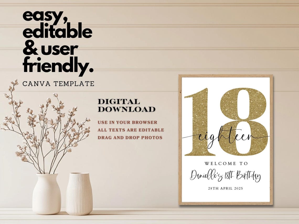 18th Birthday Welcome Sign Template: Gold Glitter, FREE Invitation ...