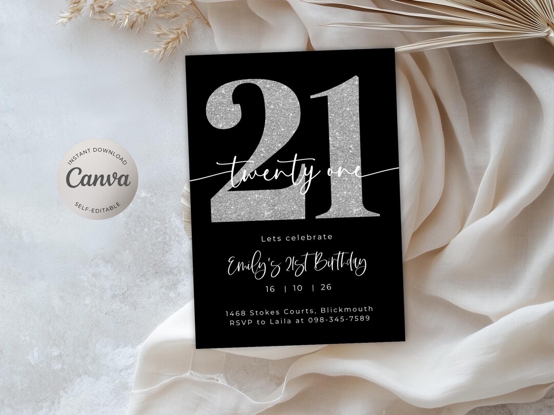 21st Birthday Invitation Template: White & Gold Glitter Design (canva ...