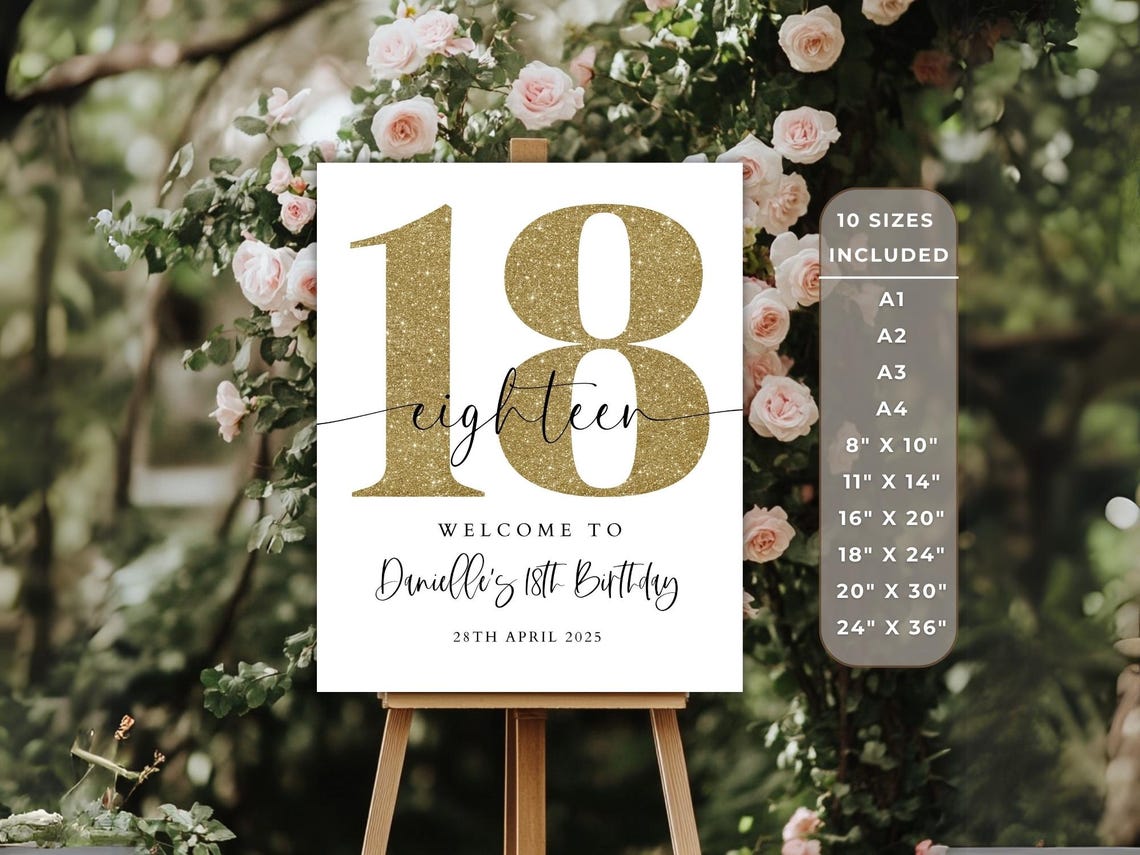 18th Birthday Welcome Sign Template: Gold Glitter, FREE Invitation ...