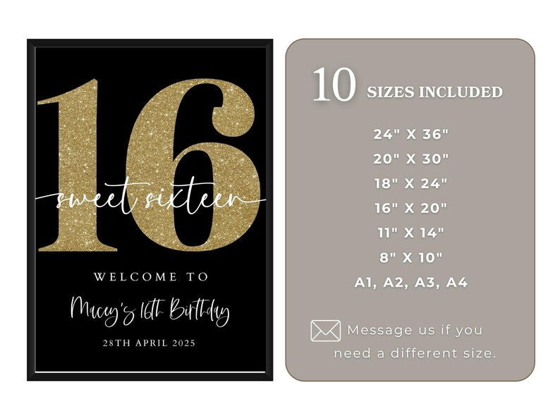 16th Birthday Welcome Sign & Invitation Template: Black and Gold ...