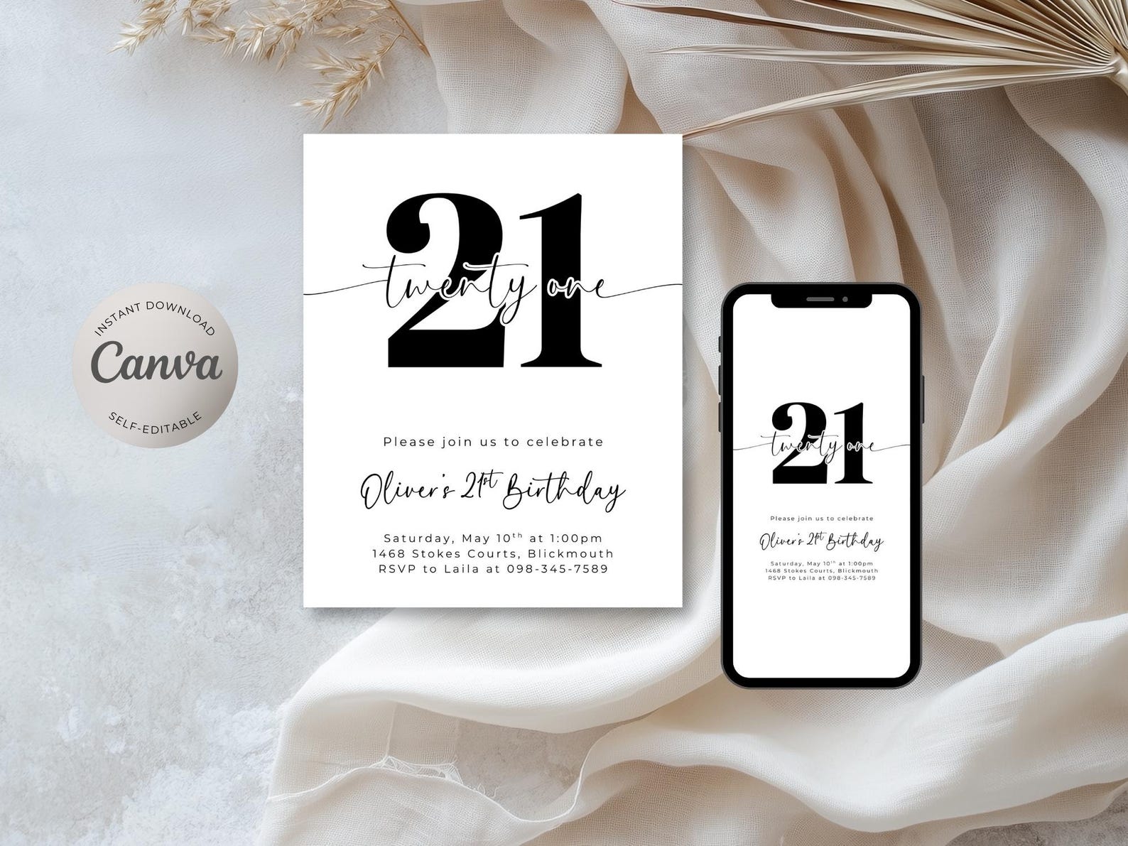 21st Birthday Invitation Template | Minimalist Editable Invite ...