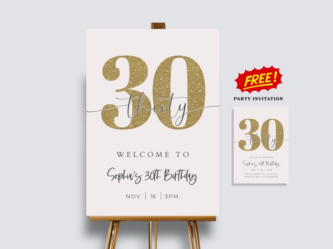 30th Birthday Welcome Sign: Pink & Gold Glitter, FREE Invitation (canva ...