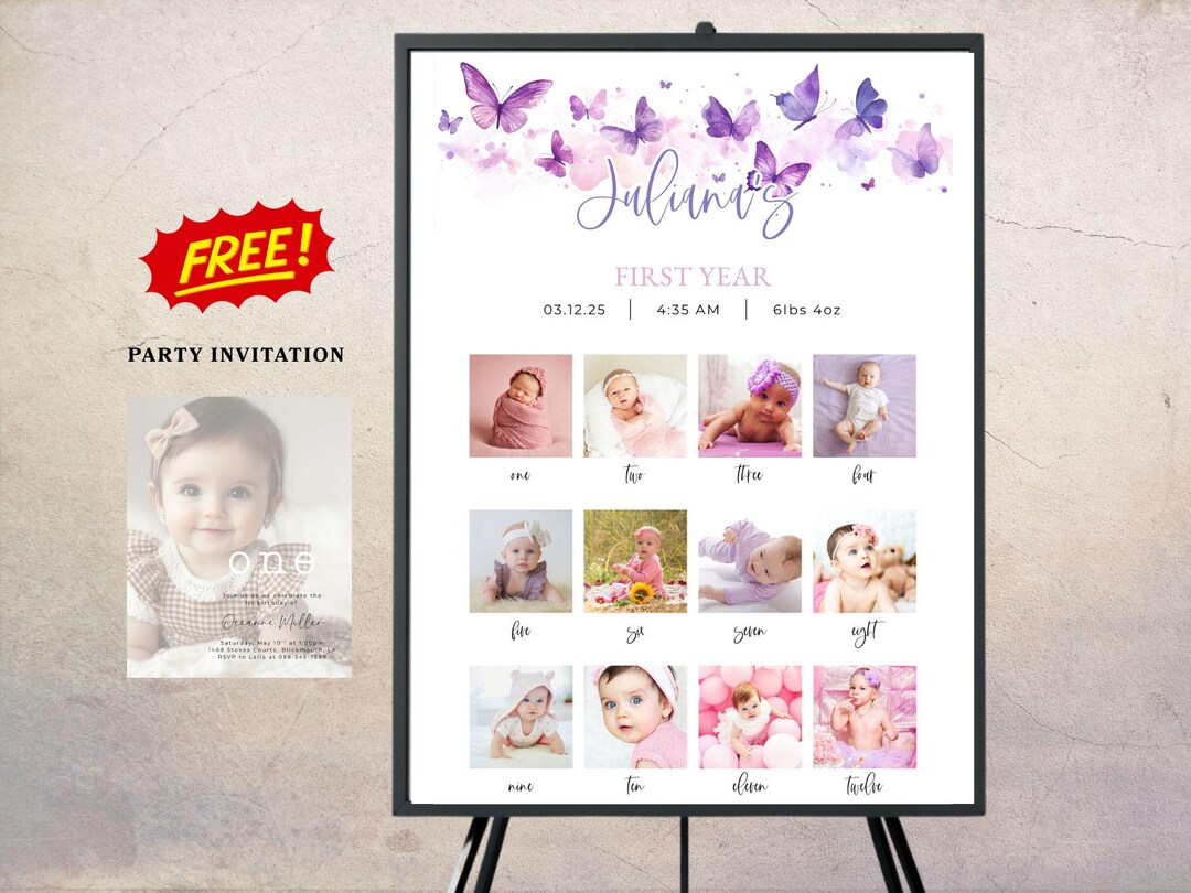 Butterfly Theme First Birthday Photo Collage Sign Template | 1st ...
