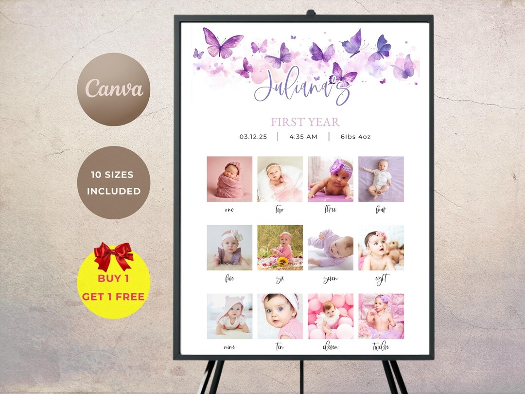 Butterfly Theme First Birthday Photo Collage Sign Template | 1st ...