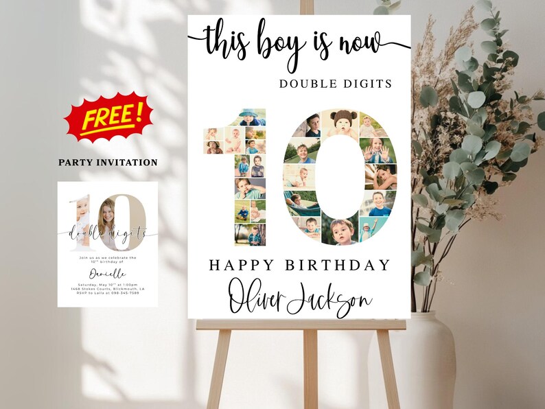 Minimalist 10th Birthday Boy Photo Sign Template | 10th Birthday Poster ...