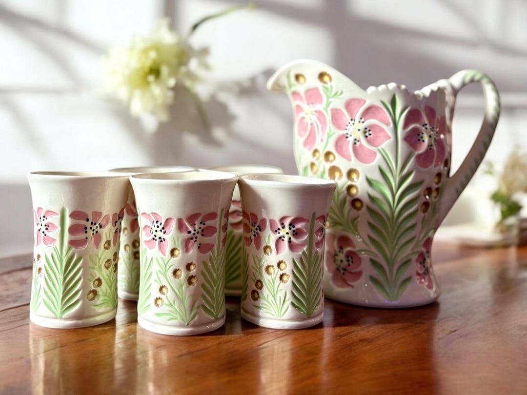 Vintage Ceramic Floral Pitcher Set, Mid-century Modern Drinkware - Etsy