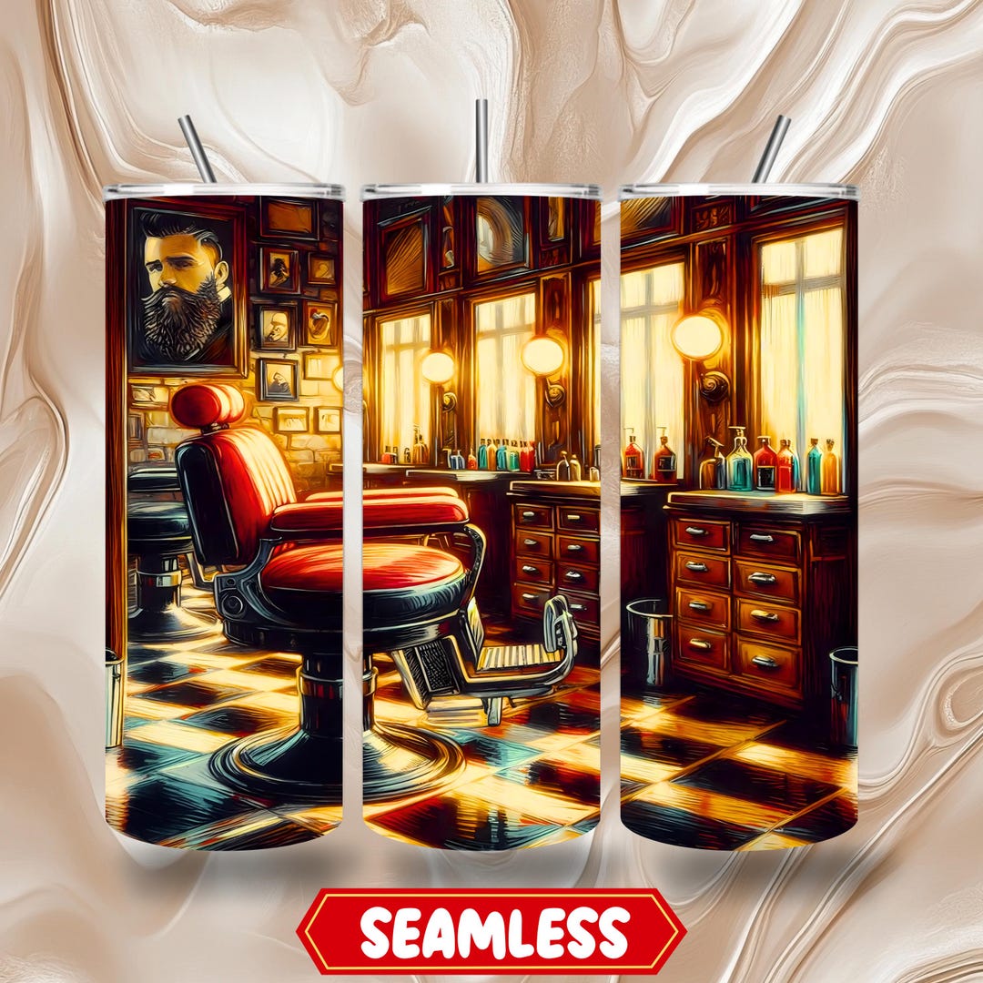 Barber Shop Saloon Chair Retro 20 OZ Skinny Tumbler Wrap Seamless ...
