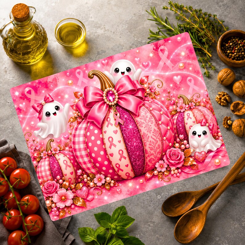 Pink Ribbon Pumpkins Ghosts Awareness October Cancer Glass Cutting ...