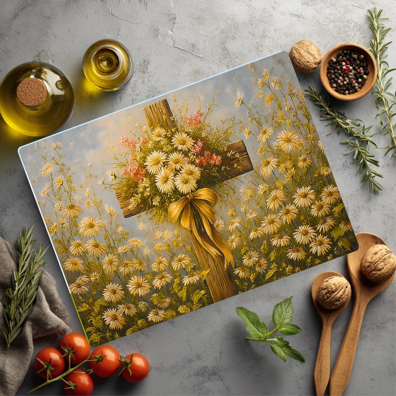 Easter Spring Wooden Cross Coquette Floral Daisy Glass Cutting Board ...