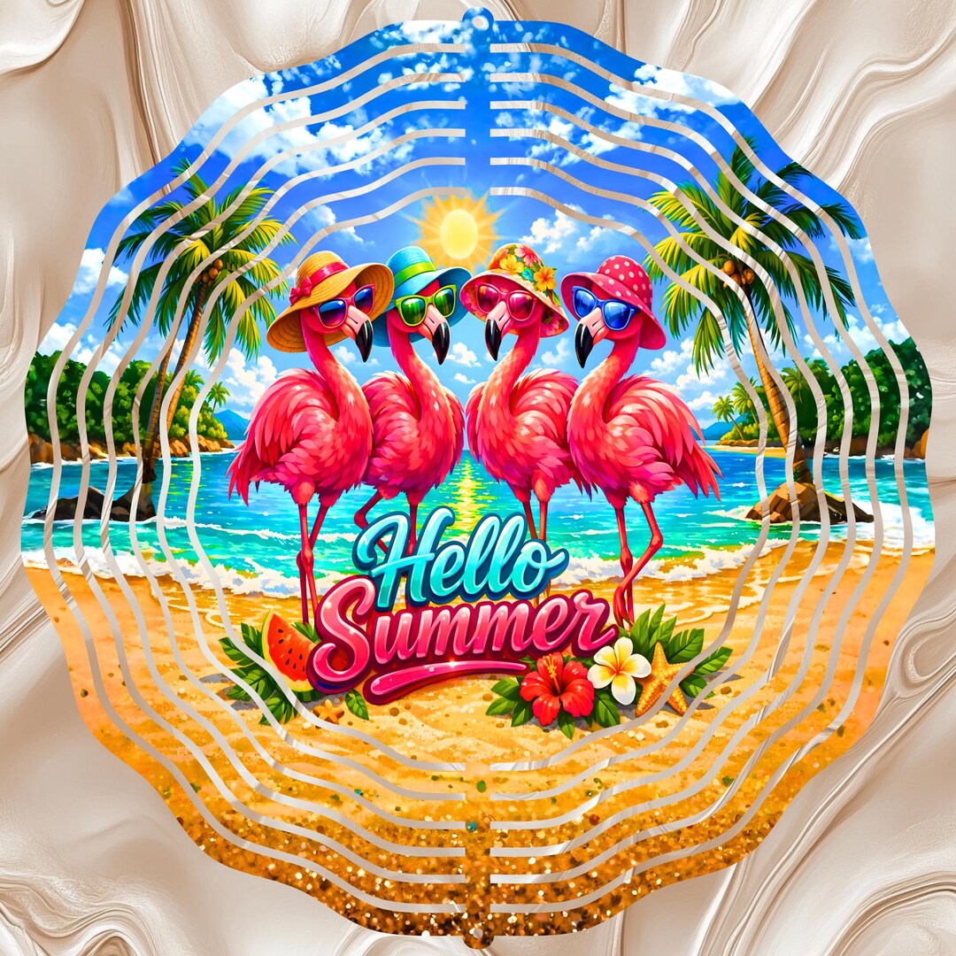 Hello Summer Tropical Beach Flamingo 12'' Wind Spinner Sublimation ...