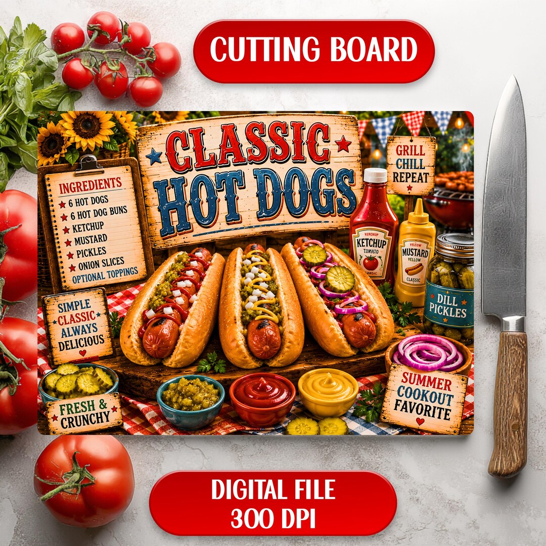 Classic Hot Dogs Cutting Board Sublimation Design BBQ Recipe Cookout ...