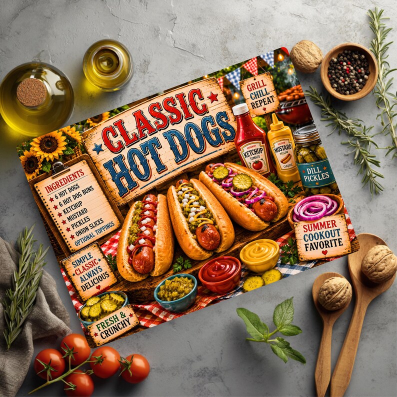 Classic Hot Dogs Cutting Board Sublimation Design BBQ Recipe Cookout ...