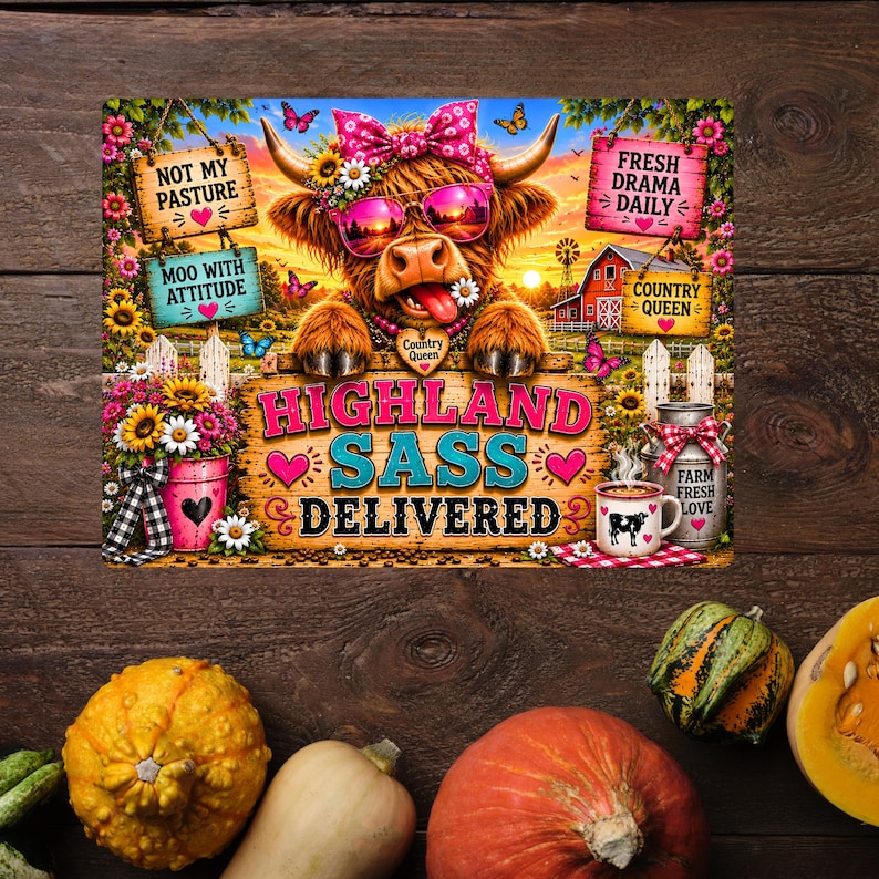 Highland Sass Cow Cutting Board Sublimation Design Funny Farmhouse Cow ...