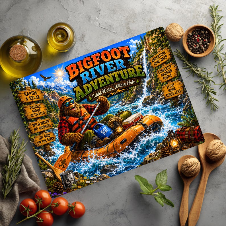 Bigfoot River Adventure Funny Cutting Board Sublimation Design ...