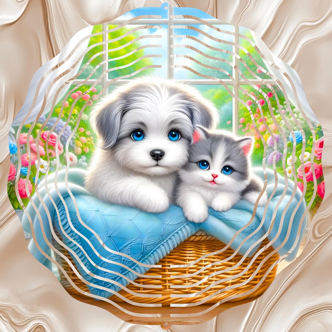 Cat and Dog Spring Cute Floral Basket 12'' Wind Spinner Sublimation ...