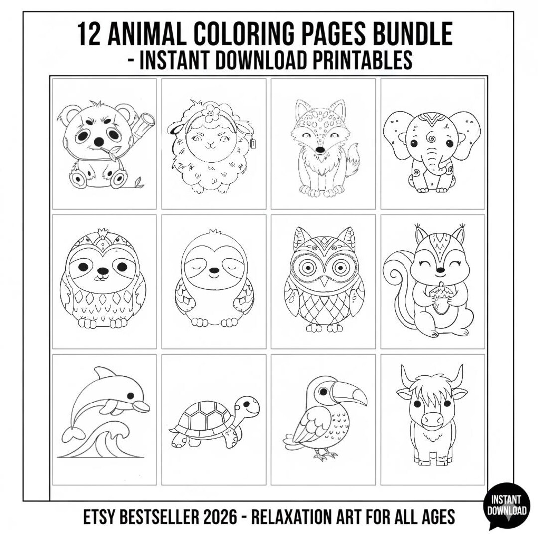 12 Kawaii Animal Coloring Pages | Kids Relaxation Art (digital Download ...