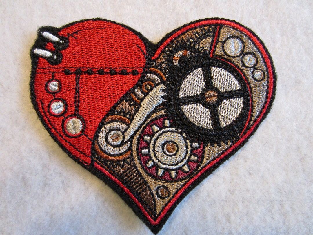Embroidered Steam Punk Iron on Patch, Heart Patch, Steam Punk Heart ...