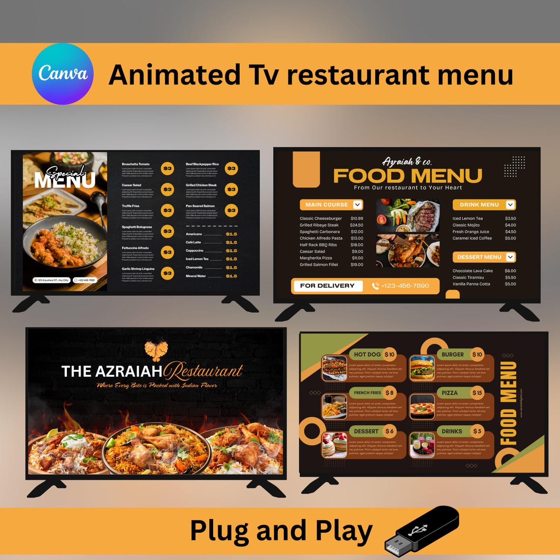 Animated TV Restaurant Menu | Digital Menu Board for TV Display | Plug ...