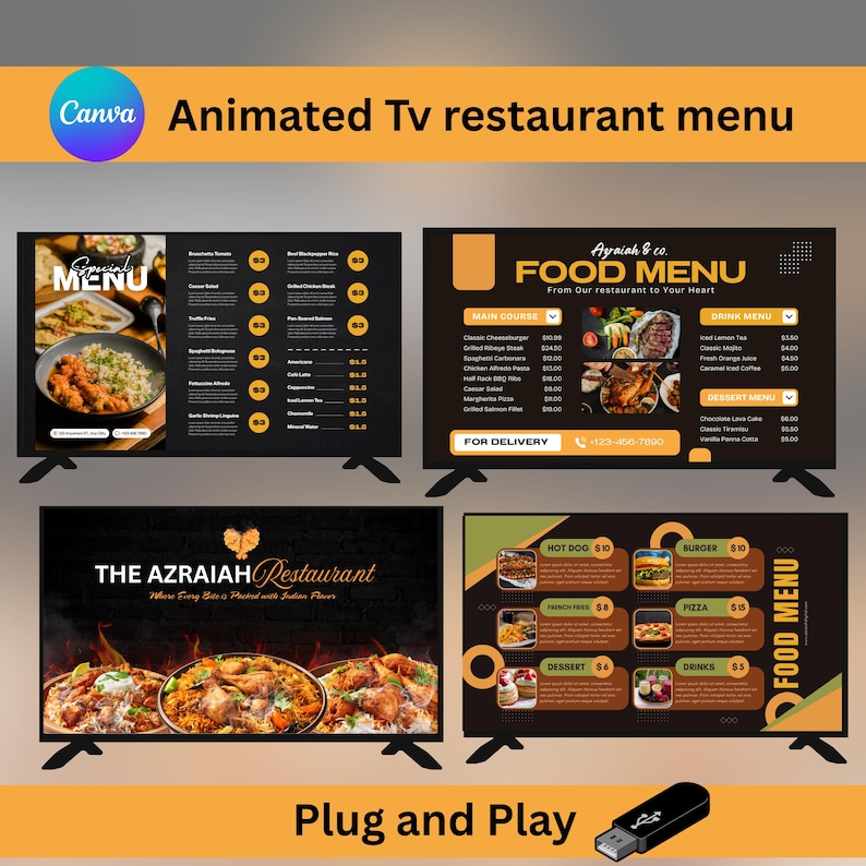 Animated TV Restaurant Menu | Digital Menu Board for TV Display | Plug ...