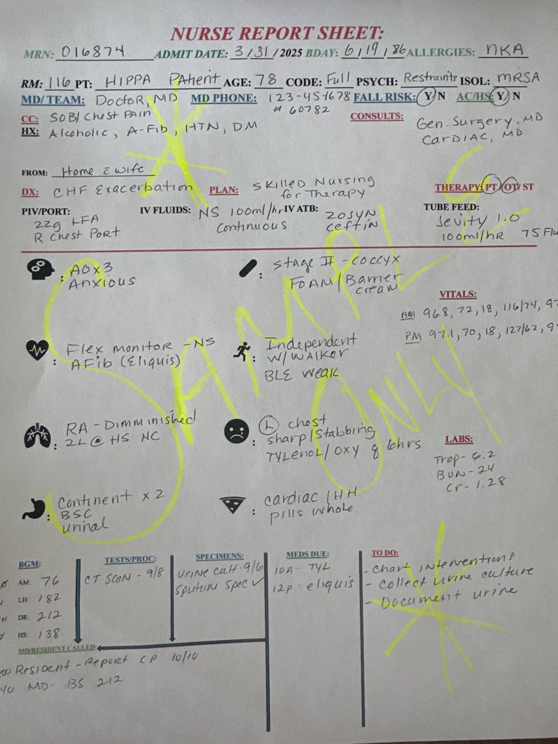 Nurse Report Sheet / Brain Sheet - Etsy