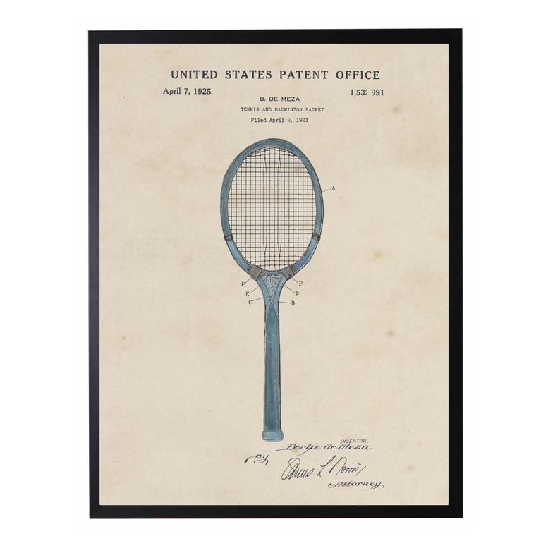 Vintage Watercolor Patent Tennis Racket Art - Etsy
