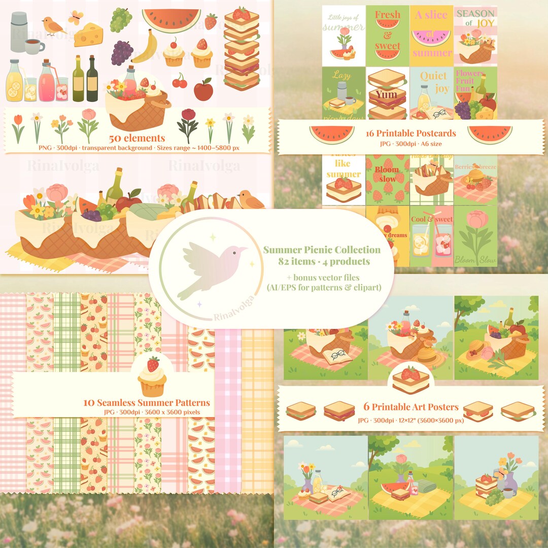 Summer Picnic Clipart and Patterns Bundle – 82 Items, PNG, JPG Elements ...