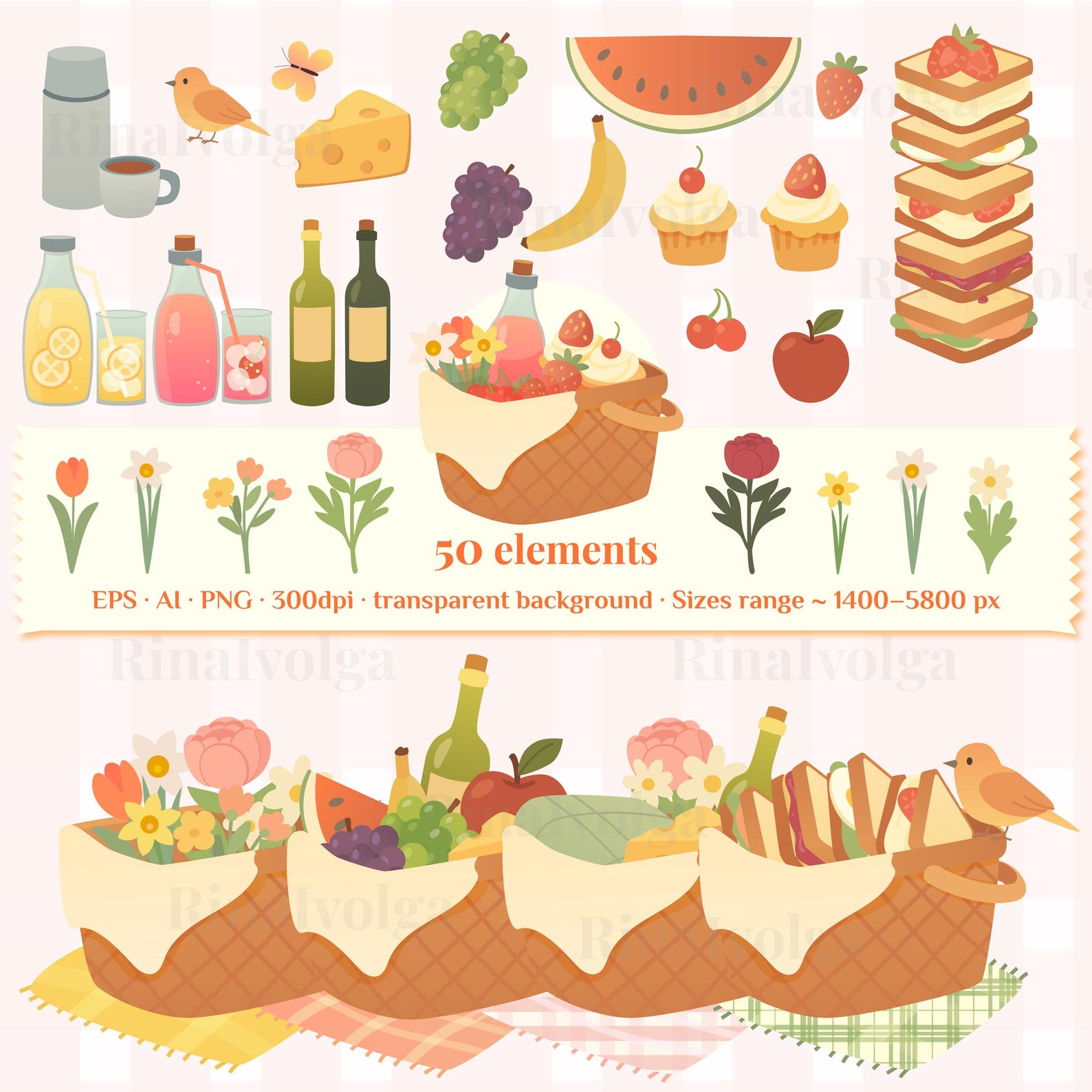 Summer Picnic Clipart, Food, Drinks, Picnic Basket, Flowers, Cute ...