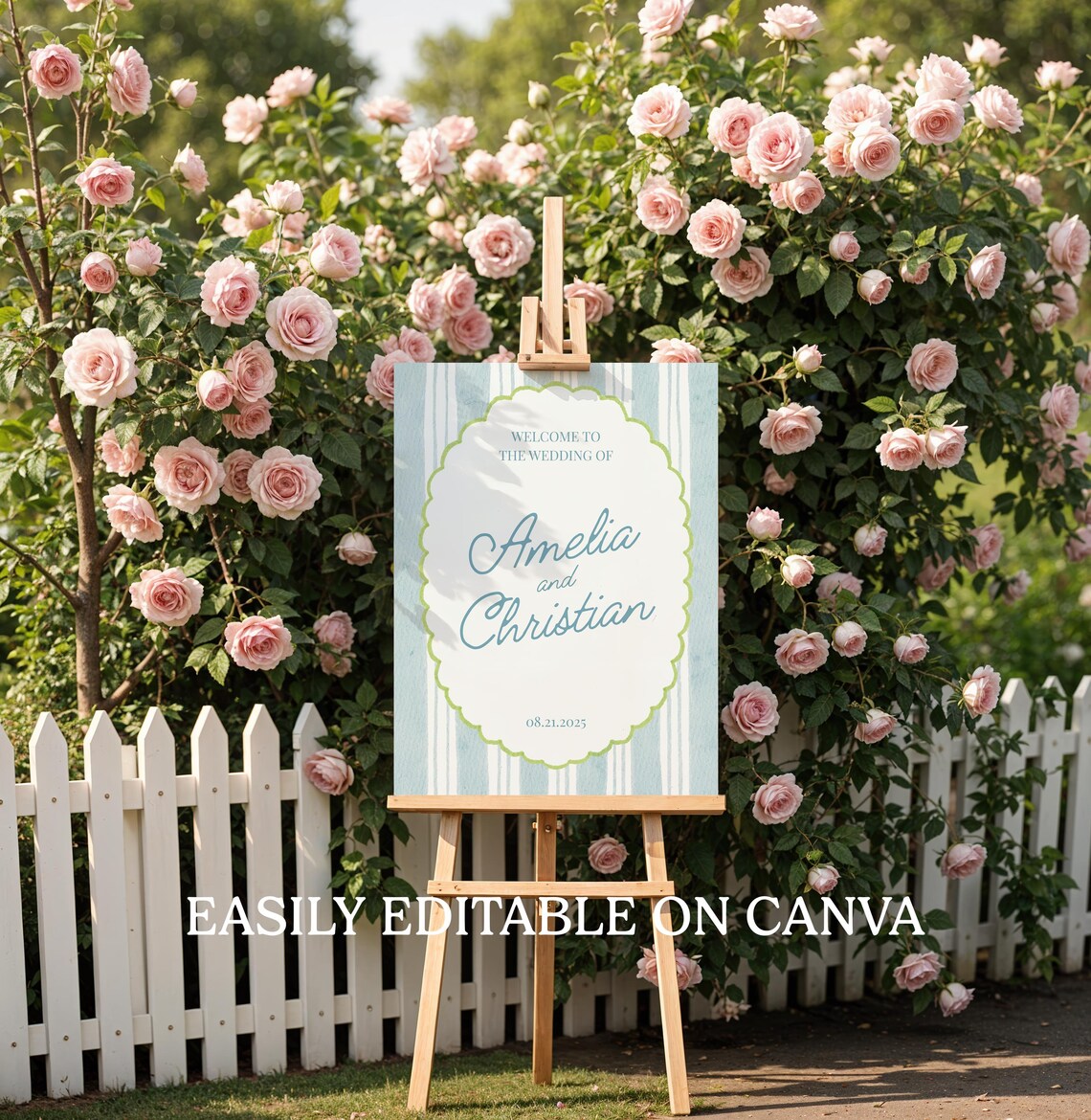 Striped Wedding Welcome Sign: Blue & Green Canva Template (18x24 ...