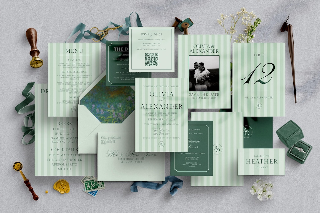 Personalizable Striped Wedding Invitation Suite | Editable Canva ...