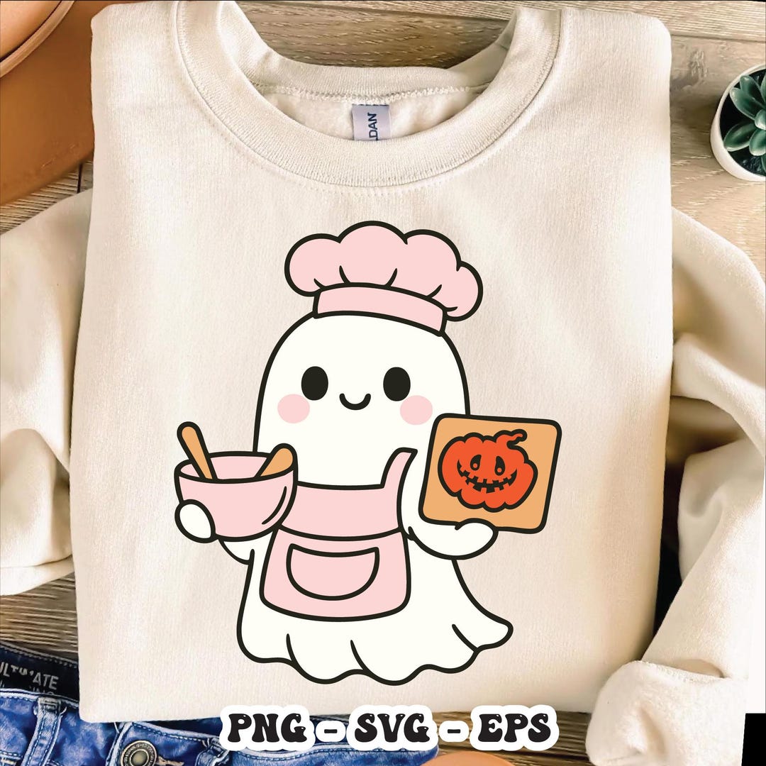 Ghost Halloween Baking SVG PNG EPS, Cute Ghost Chef With Pumpkin Cookie ...