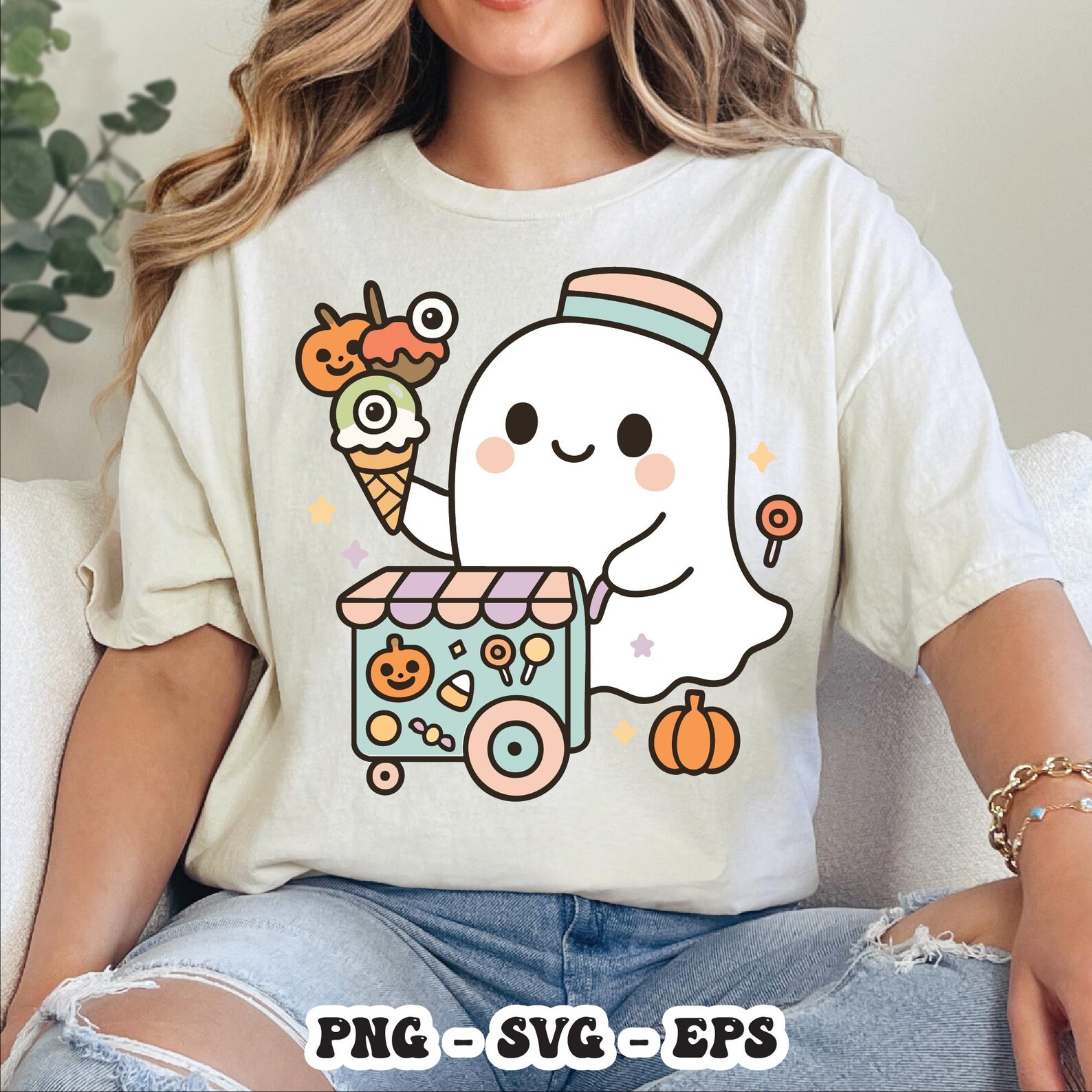 Kawaii Ghost Ice Cream Vendor: Halloween Clipart PNG SVG EPS - Etsy