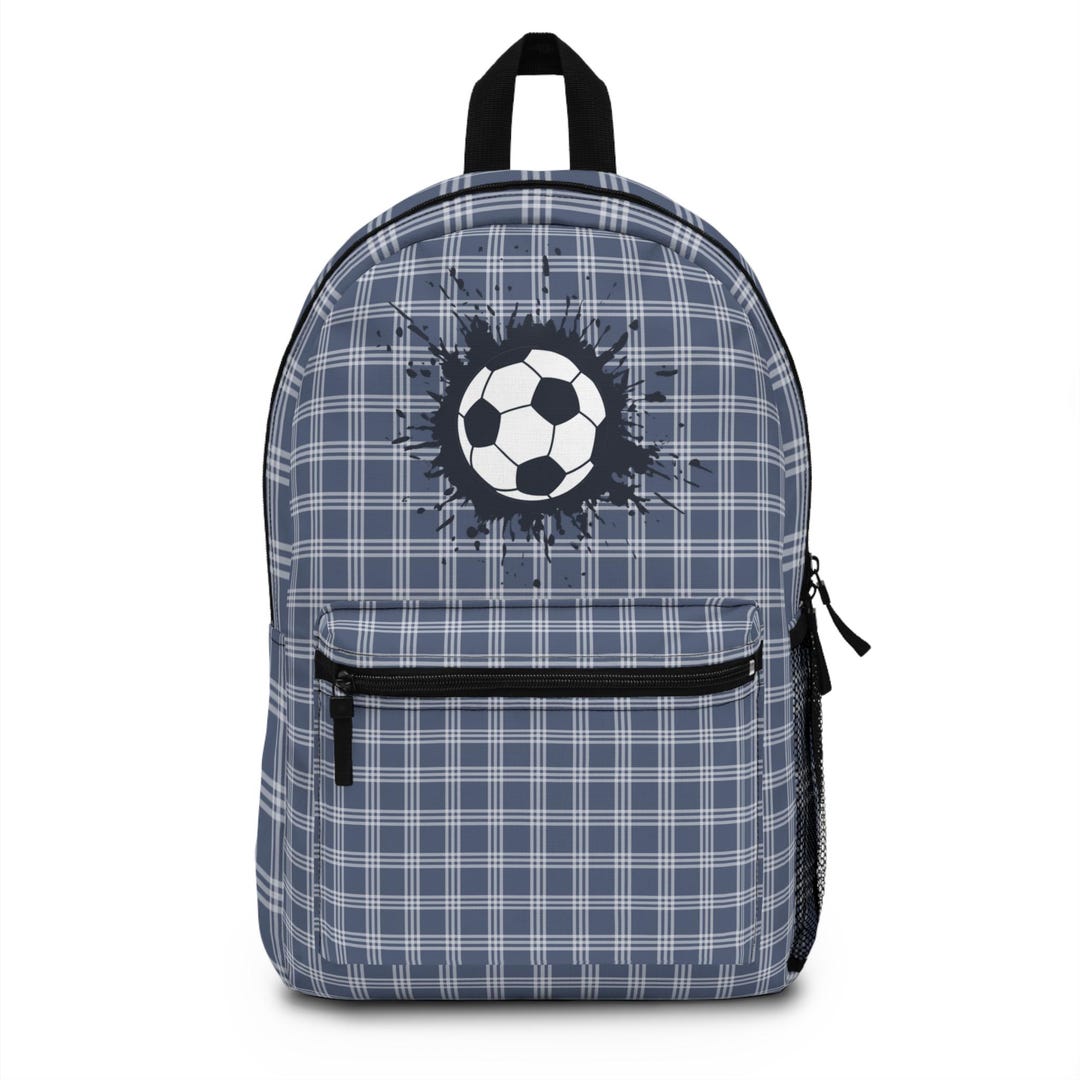 Personalized Boys Soccer Backpack – Navy Blue Plaid Kids Bookbag ...