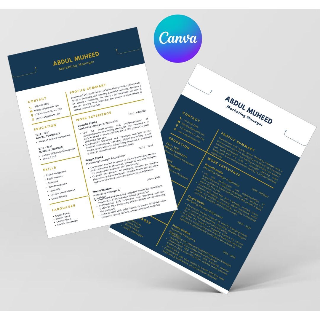 Elegant Navy & Gold Resume Template Bundle | Professional CV + Cover ...