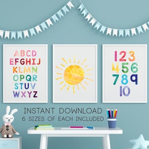 Playroom Wall Decor Alphabet Sun Numbers Watercolor Rainbow Nursery ...