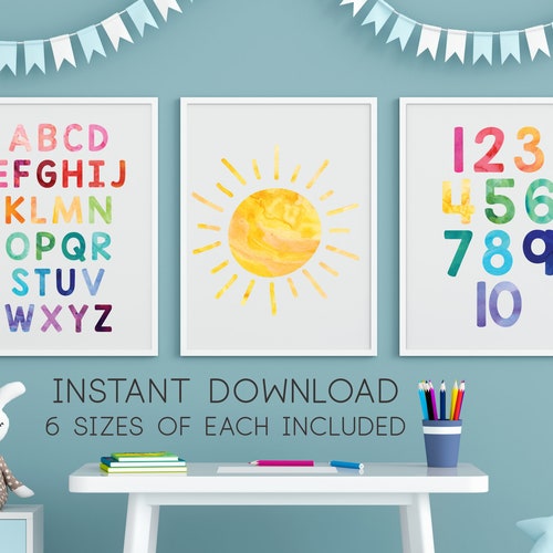 Playroom Wall Decor Alphabet Sun Numbers Watercolor Rainbow - Etsy