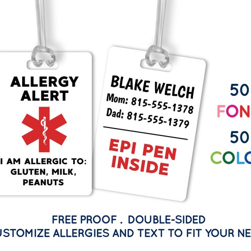 Allergy Alert Bag Tag Allergy Alert ID Personalized Allergy - Etsy