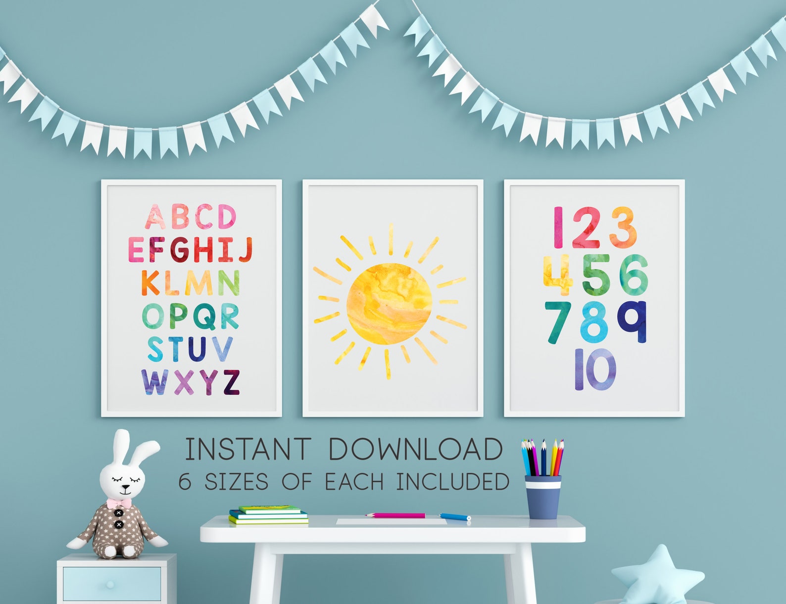 Playroom Wall Decor Alphabet Sun Numbers Watercolor Rainbow - Etsy