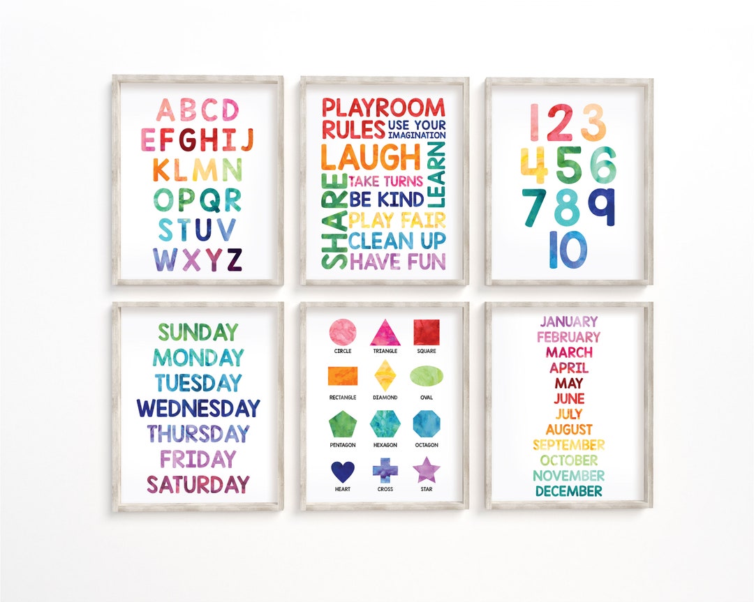 Playroom Educational Wall Art Alphabet Numbers Shapes Playroom Rules ...