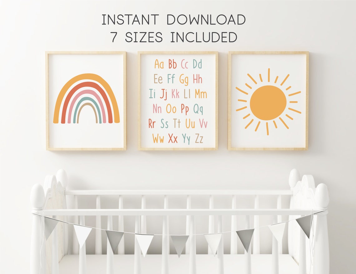 Rainbow Alphabet Sun Nursery Wall Art Set of 3 Printables | Etsy