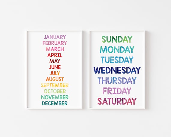 Months and Days of the Week Playroom Wall Art Educational Home | Etsy