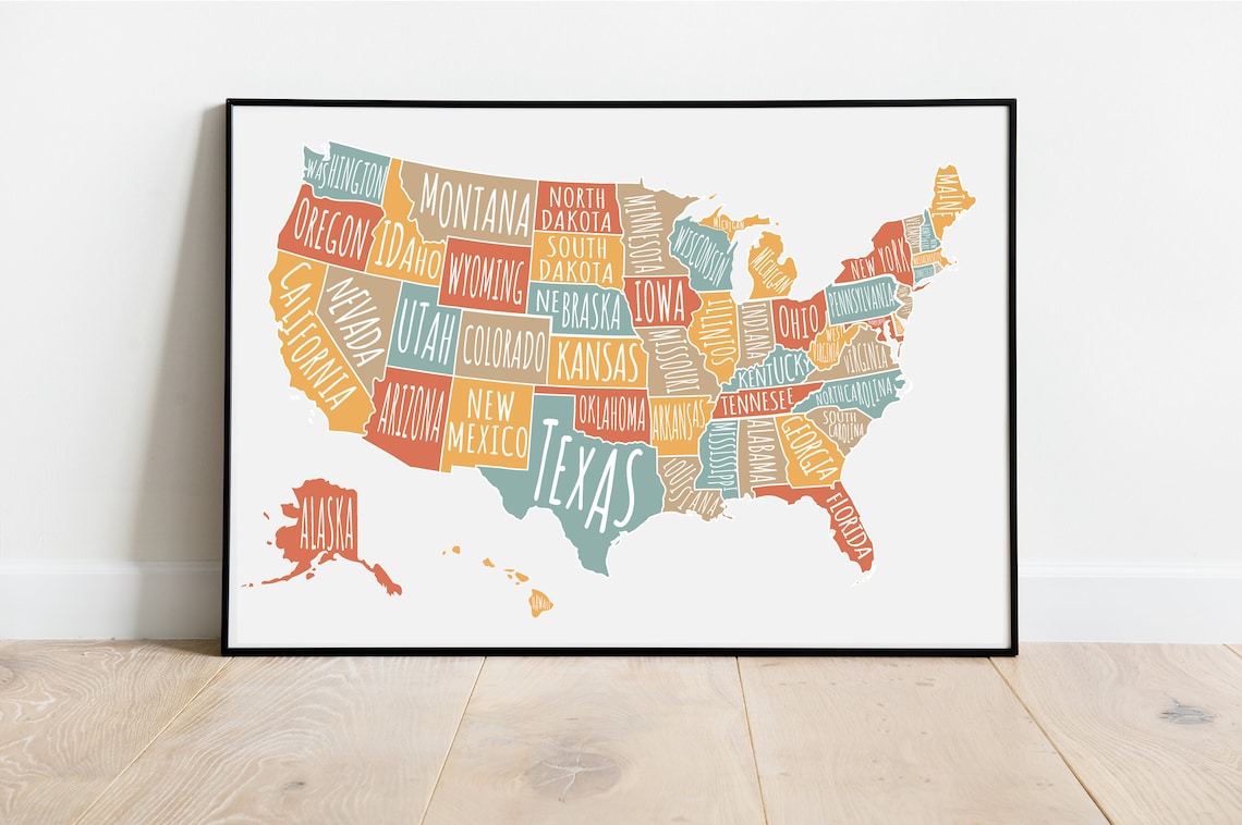 United States Map Playroom Wall Art 50 States USA Map for Kids Gender ...