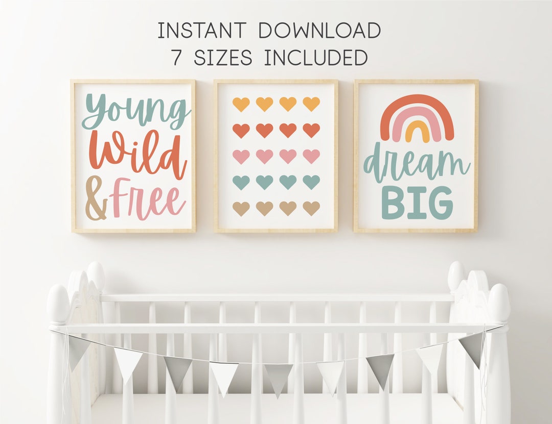 Rainbow Hearts Nursery Wall Art Set of 3 Printables Abstract Modern ...