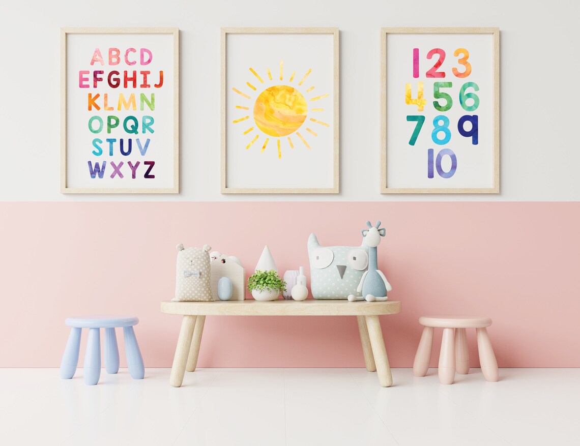 Playroom Wall Decor Alphabet Sun Numbers Watercolor Rainbow - Etsy