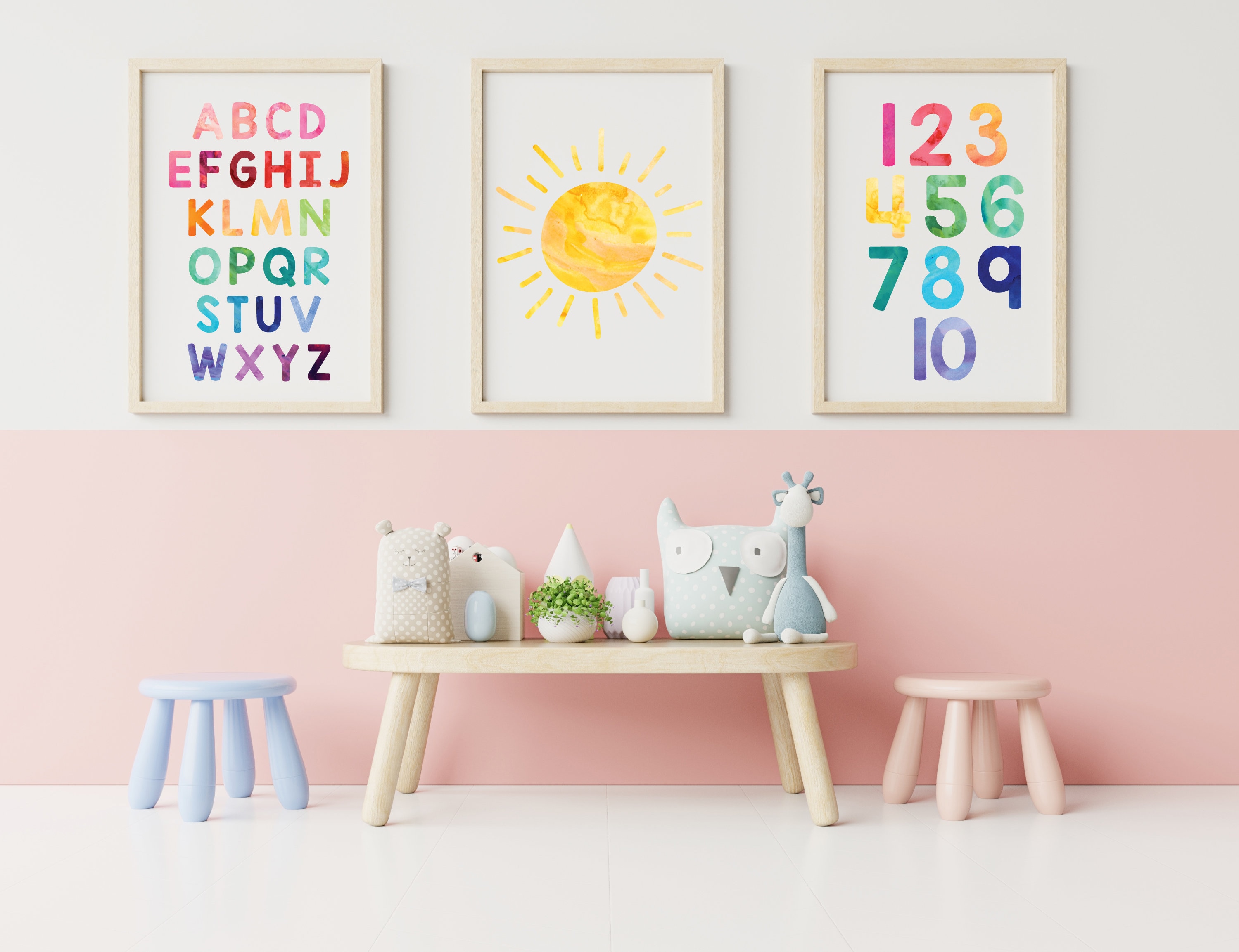 Playroom Wall Decor Alphabet Sun Numbers Watercolor Rainbow Nursery ...
