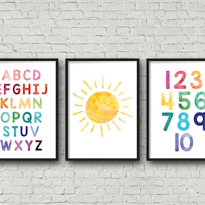 Playroom Wall Decor Alphabet Sun Numbers Watercolor Rainbow Nursery ...