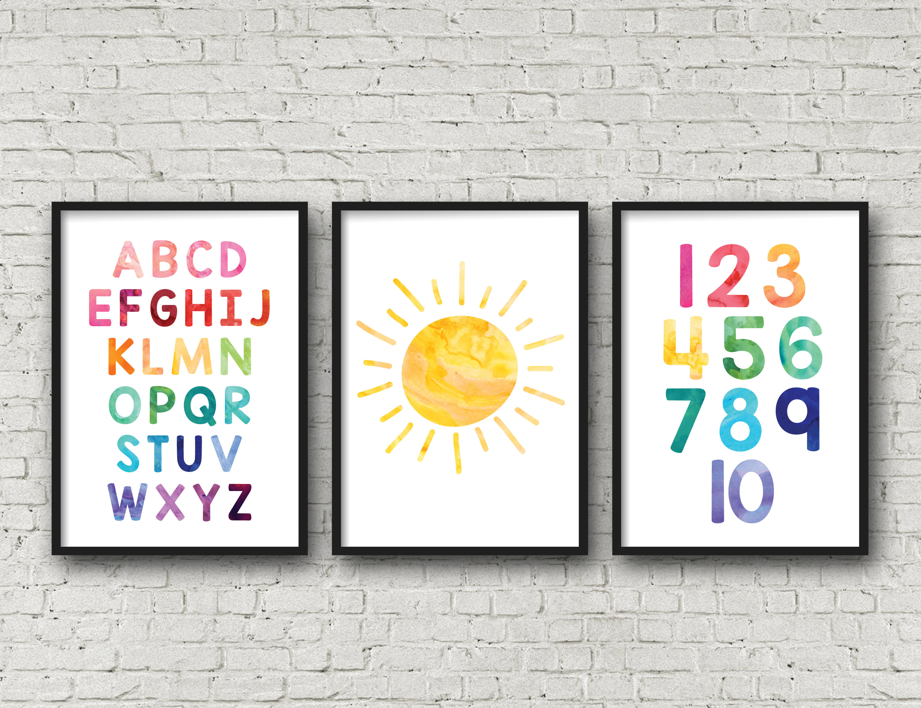 Playroom Wall Decor Alphabet Sun Numbers Watercolor Rainbow Nursery ...