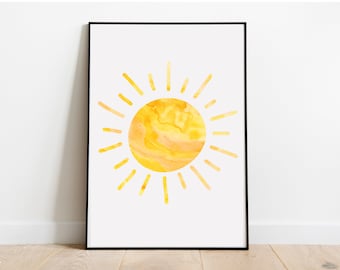 Sun Watercolor Playroom Decor Bright Baby Nursery Print Modern Wall Art ...