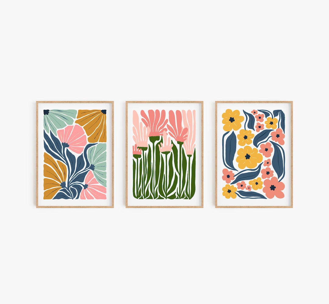 Abstract Floral Wall Art Set of 3 - Modern Flowers Botanical Prints ...
